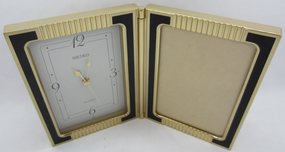 VINTAGE SEIKO SEIKOSHA BRASS GOLD BLACK DESK SHELF PICTURE FRAME QUARTZ ...