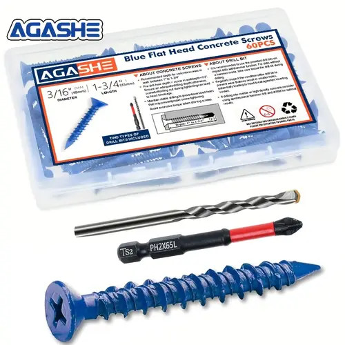60pcs Heavy Duty 3/16" X 1-3/4" Blue Flat Head Concrete Screw Anchor ...