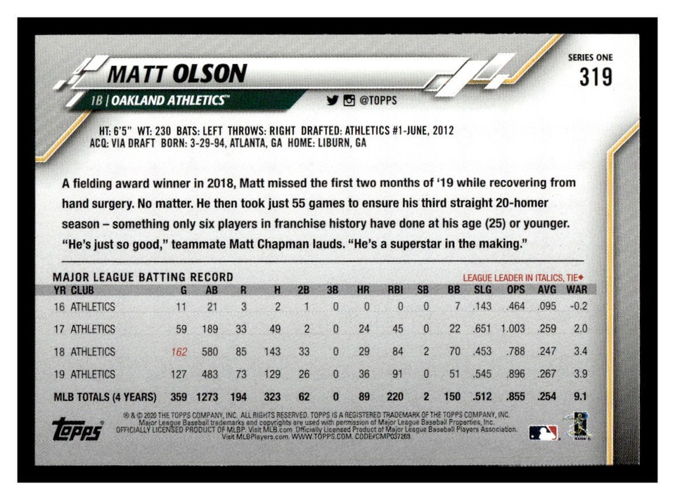 2020 Topps #319 Matt Olson - Oakland Athletics | eBay