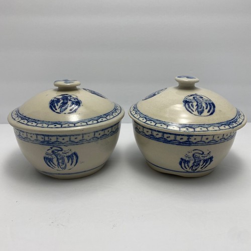 Vintage Crane Lidded Crock Rice Bowl | Cobalt Blue | STLC3 | Set of 2 ...