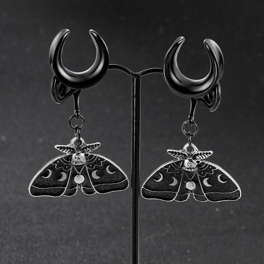 Pair Dangle Moths Ear Saddles Ear Gauges Plug Ear Tunnels Body Jewelry ...