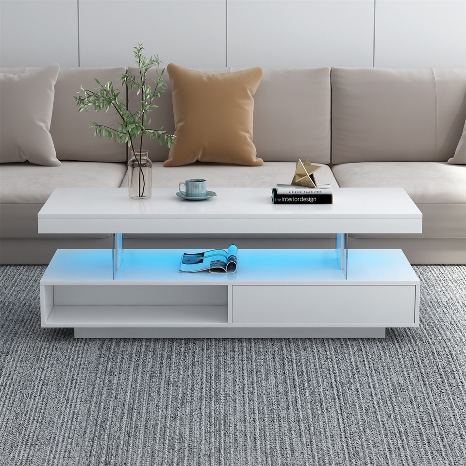 High Gloss LED Coffee Table Modern Side End Table with LED Lights & 2 ...