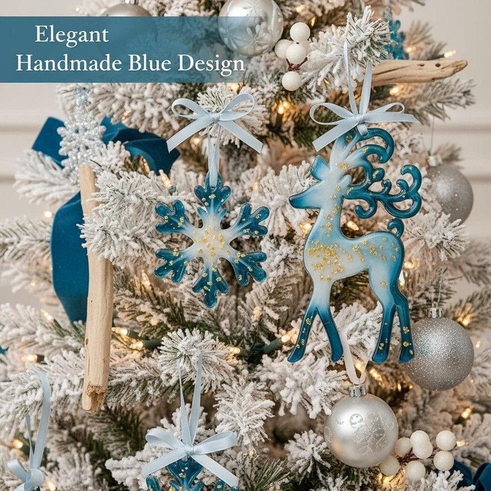 Christmas Tree Resin Ornaments Blue Gold Handmade Snowflake Decorations ...