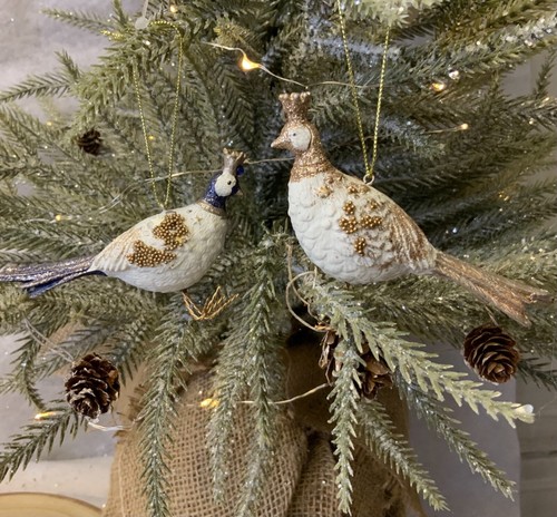 Resin Pheasant Cream Gold Blue Christmas Tree Decoration Gisela Graham ...