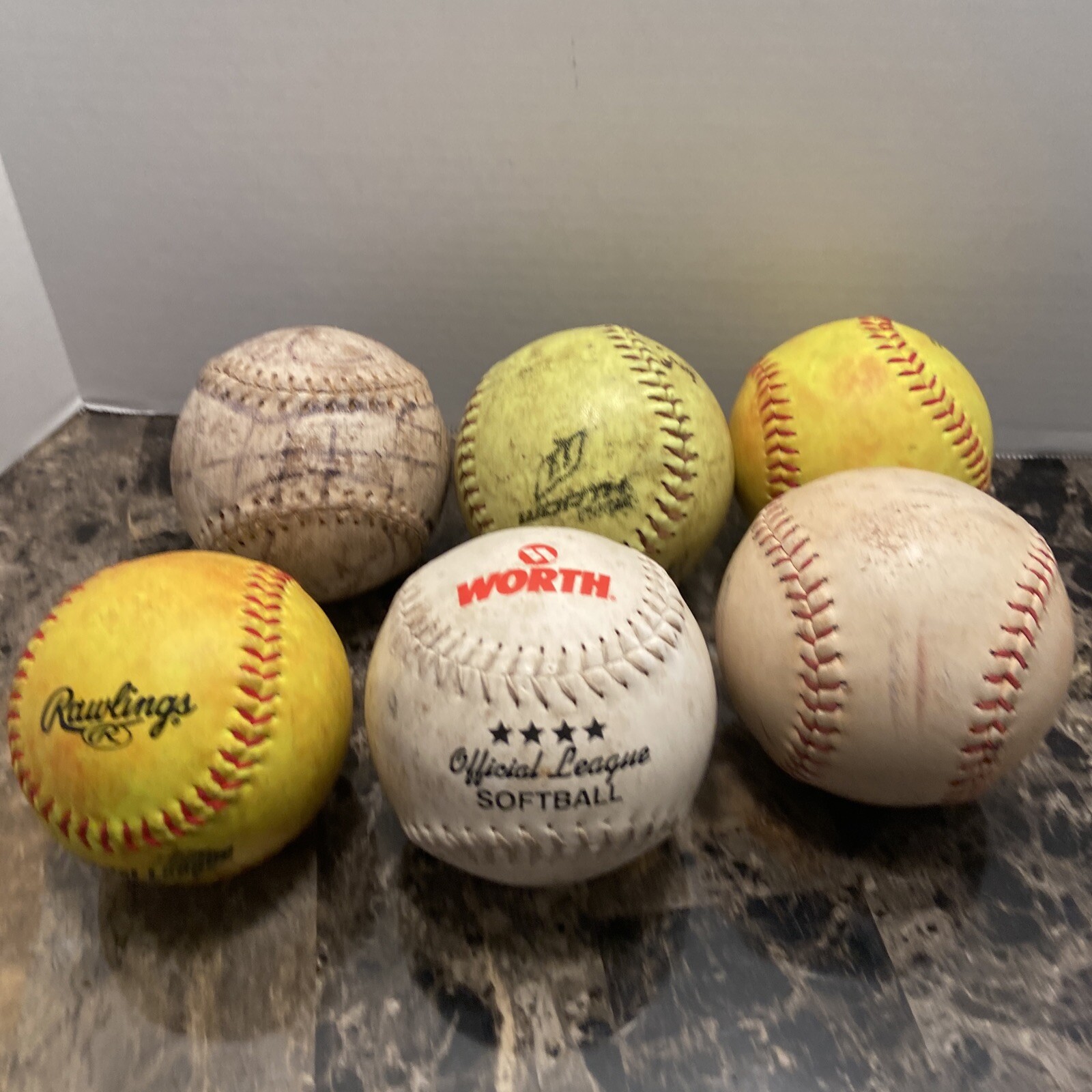 Lot of 7 Mixed Type Softballs Pitching Batting Practice Balls | eBay