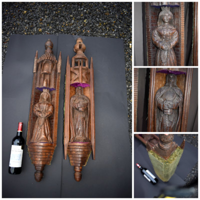 PAIR antique wood carved 19thc neo gothic queen king saint corner ...