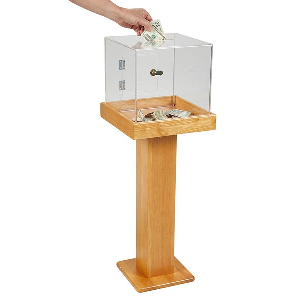 Medium Oak Donation Acrylic Box Floor Stand 12 Inch SQ Church Donation ...
