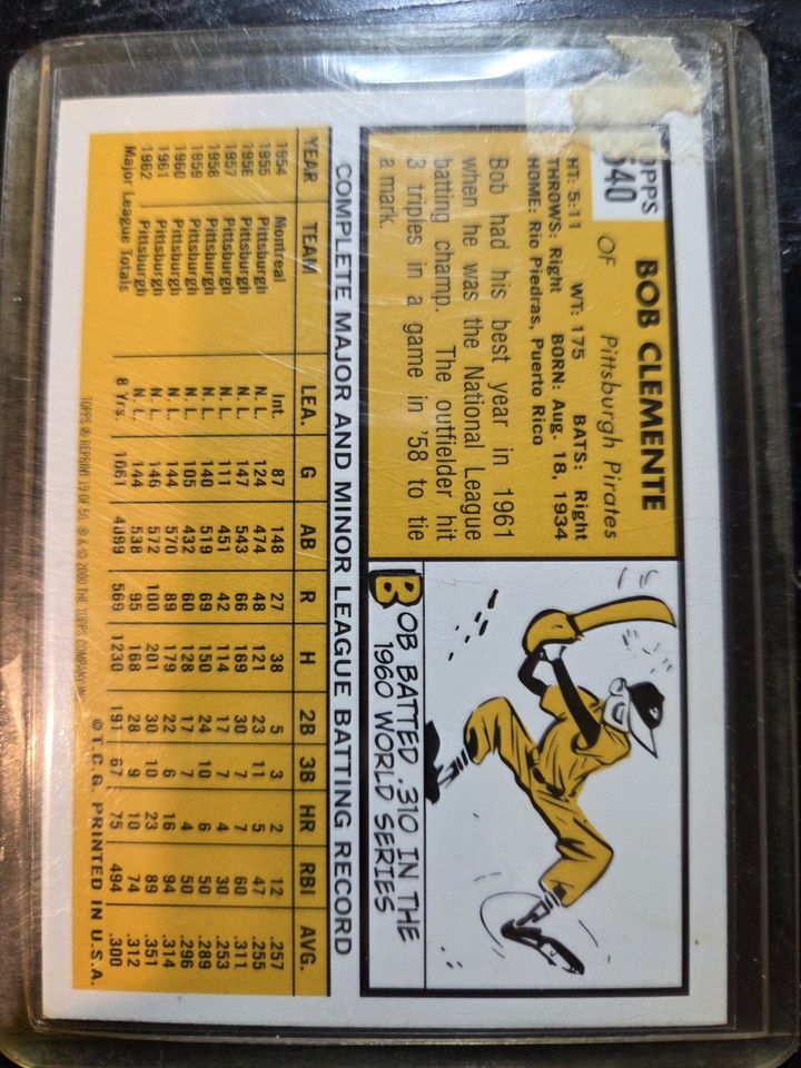 2000 Topps Archives Baseball Bob Clemente REPRINT Card #540 | eBay