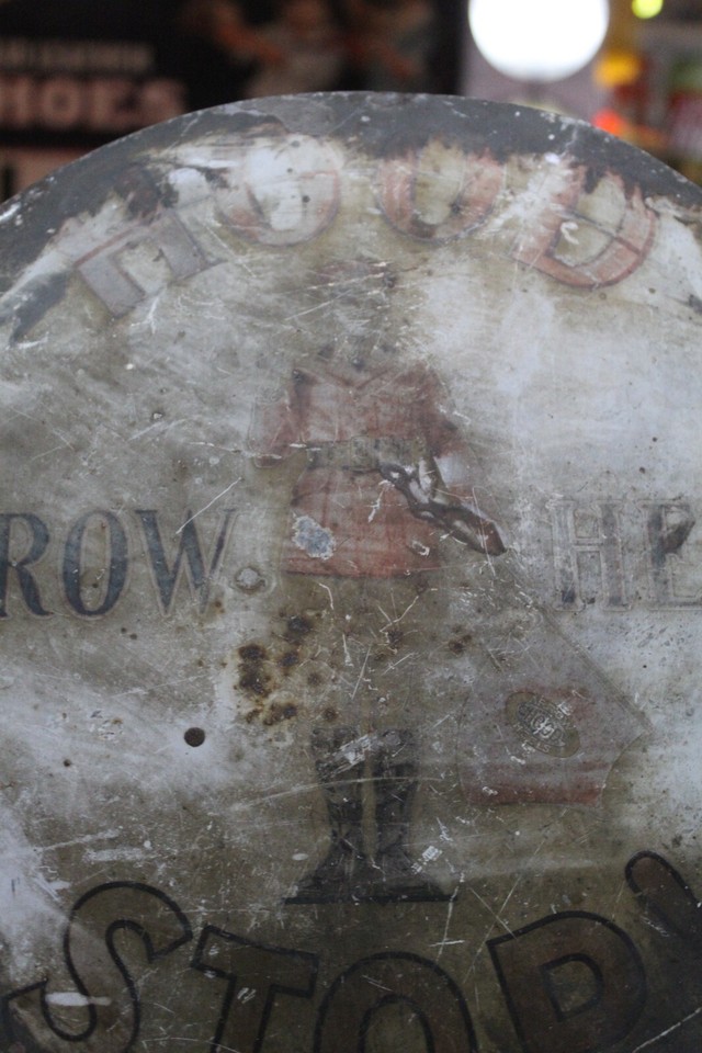 SCARCE 1920s HOOD TIRE STOP ARROW WHEELS 2 SIDED PADDLE METAL SIGN ...