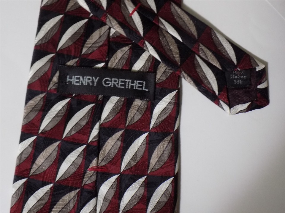 HENRY GRETHEL Italian Silk Necktie Burgundy Black White Tan 56" x 4 ...
