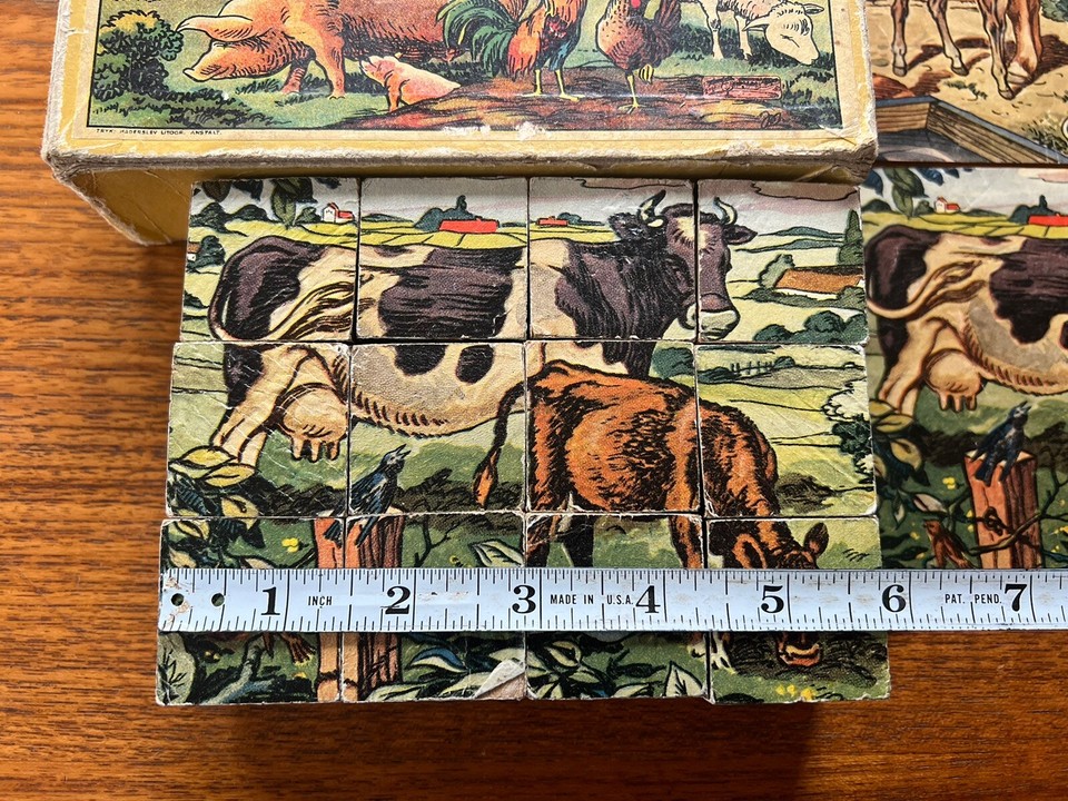 Antique Lithograph Wood Blocks Children’s Puzzle Game Domestic Animals ...