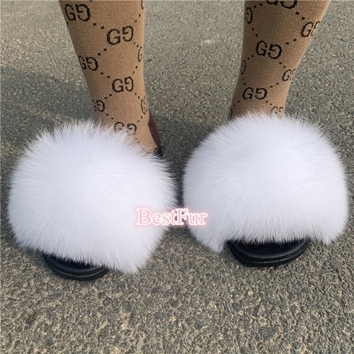 White-Max Large XXL Real Fox Fur Slides Women's Sliders Slippers ...