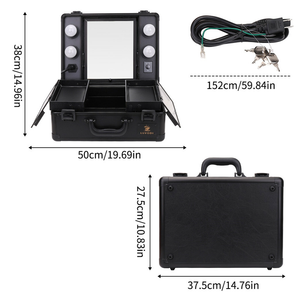 Lockable Makeup Case LED Lighted Table Desk Vanity Mirror 2-Tier Tray ...