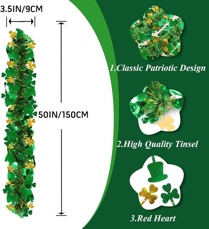 St.Patrick'S Day Garland Decor,50Ft Green Gold Tinsel Garlands Shamrock ...