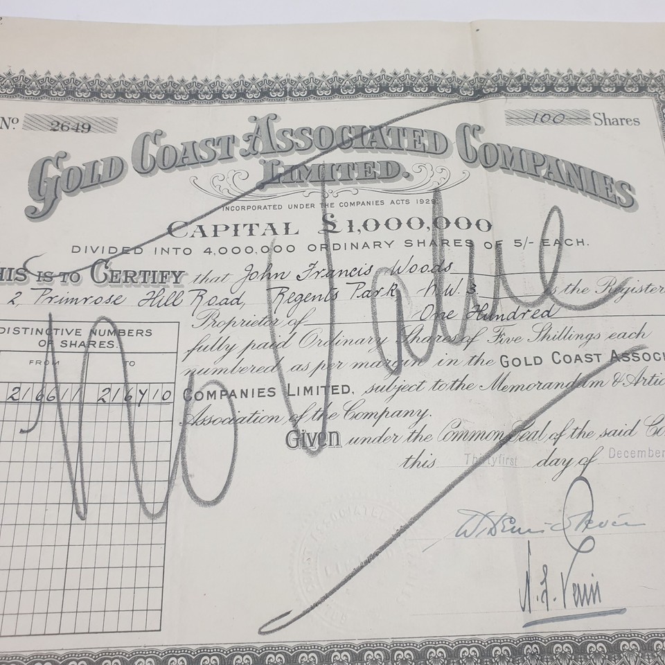Vintage Gold Coast Associated Companies 100 Shares Certificate Number ...