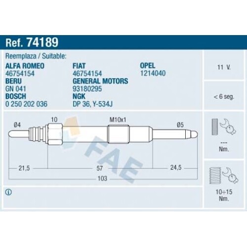 FAE Bougie de préchauffage pour ALFA ROMEO FIAT OPEL GENERAL MOTORS ...