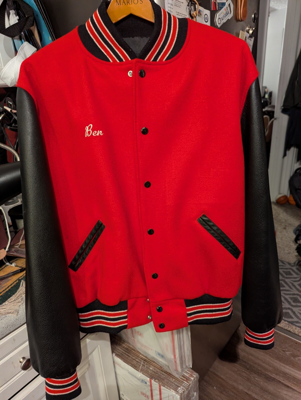 Dehen 1920 Varsity Jacket Leather & Wool Red/Black Si… - Gem