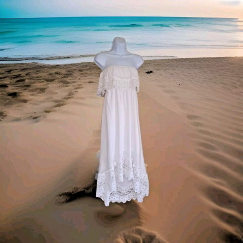 Solitaire Swim Cover Up Size L White Boho Lace Strapless Lined Hi Lo ...