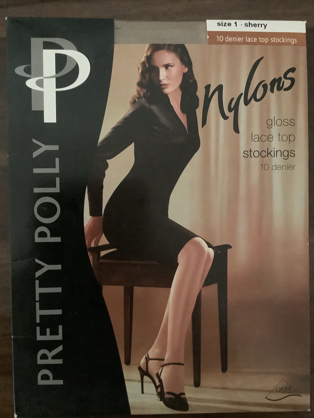 Vintage Pretty Polly Nylons Gloss 10 Denier Lace Top Stockings Barely