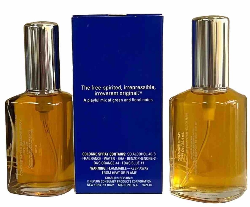 2 bottles Charlie Revlon Cologne Spray 1.3 oz 1 boxed 1 unboxed ...