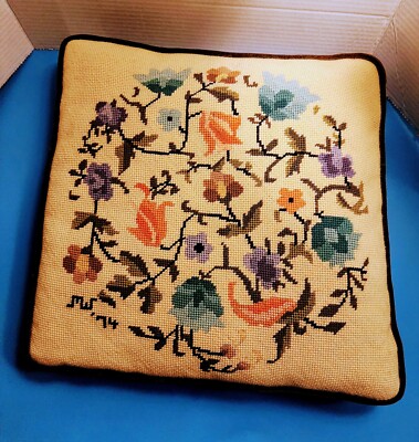 Vintage '74 handmade Petit Point pillow, Folk Art Floral, Avacado ...