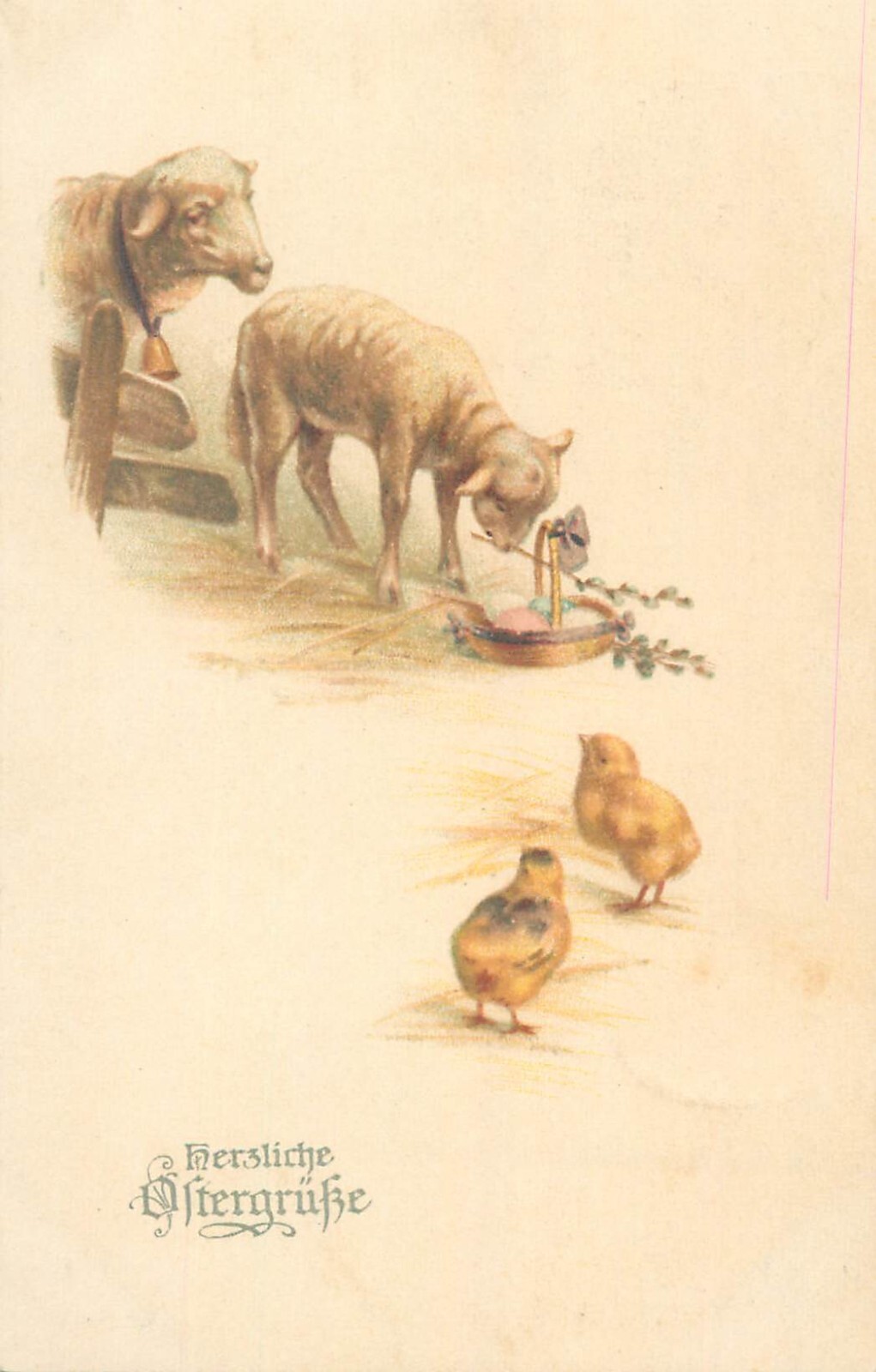 Easter greetings postcard 1927 drawn lambs & chicken | eBay