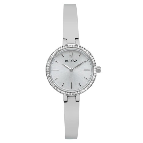 Bulova Crystal Stainless Steel Silver Dial Ladies Watch & Necklace Set ...