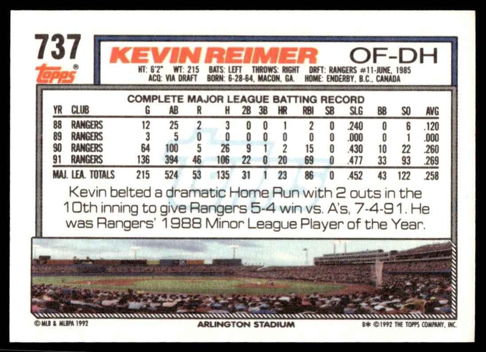 1992 Topps Baseball Card Kevin Reimer Texas Rangers #737 | eBay