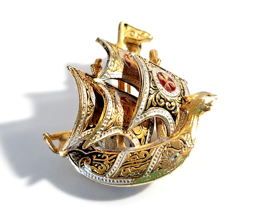 Vintage signed Spain Damascene Enamel Brooch Pin Sailing Ship Schooner ...