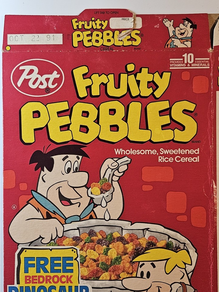 1990 POST FRUITY PEBBLES Empty CEREAL BOX Flat Flinstones Bedrock Dino ...