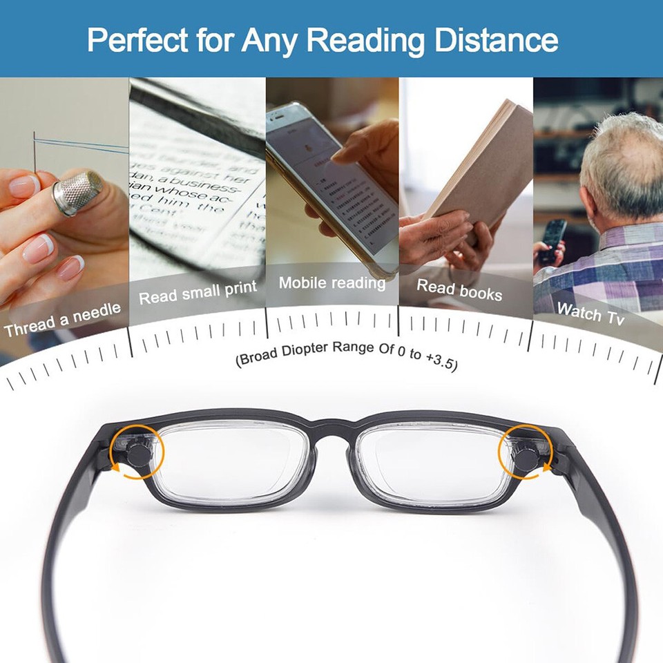 Adjustable Focus Reading Glasses 0D to 350D Presbyopic Readers Anti ...
