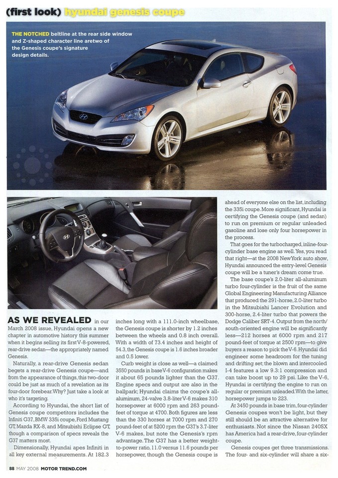 2008 HYUNDAI GENESIS COUPE 3 PG FIRST DRIVE ARTICLE | eBay