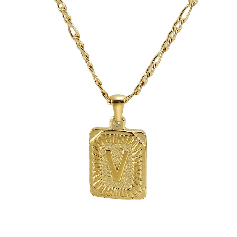 18K Gold Plated Square Capital Letter A-Z Monogram Pendant Figaro Chain ...