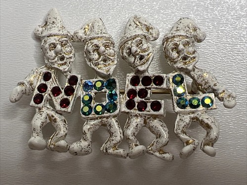 Dodd Christmas Brooch White Enamel Gold Flecks & Rhinestone Noel Elves ...
