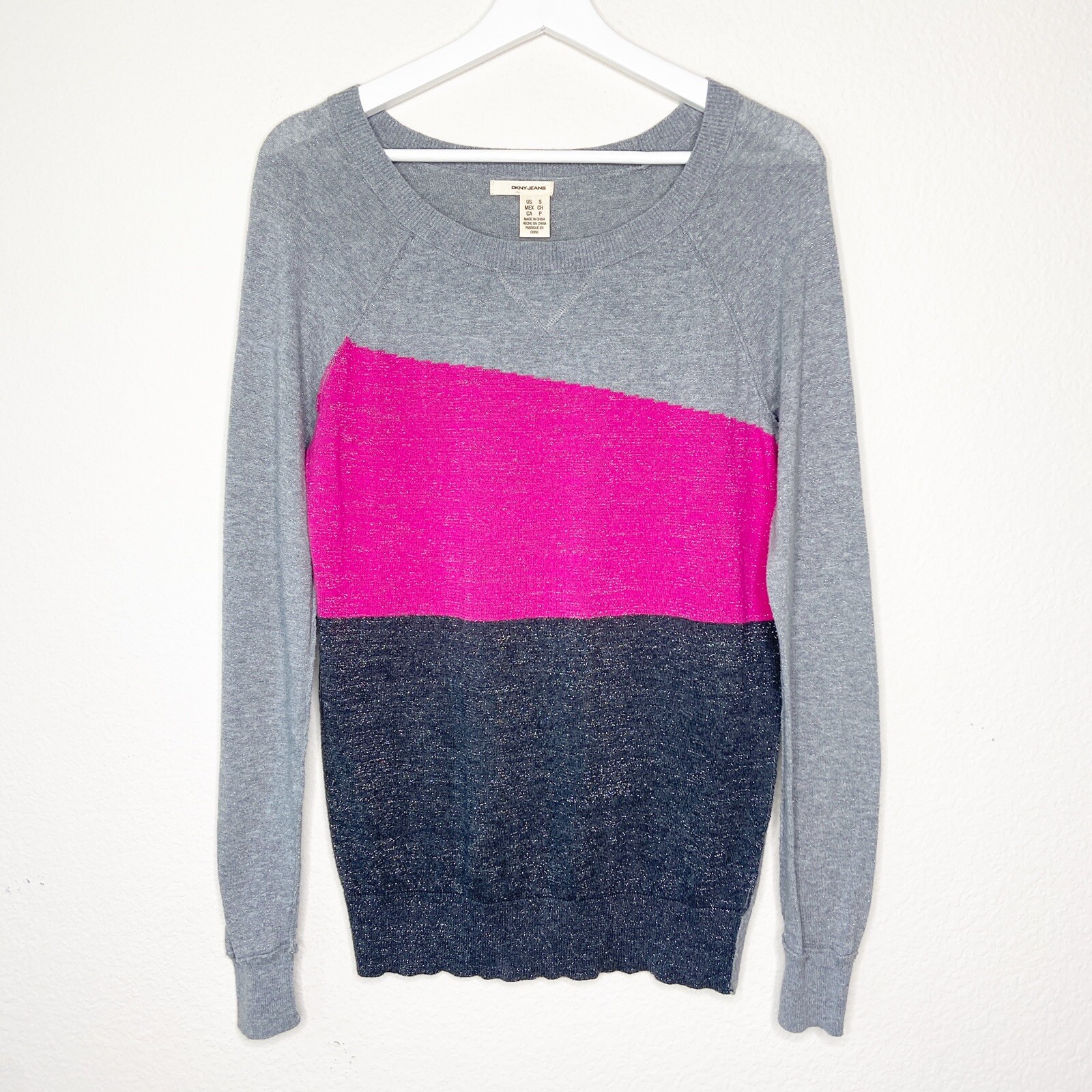 DKNY Gray and Pink Sparkle Color Blocked Sweater S - Gem