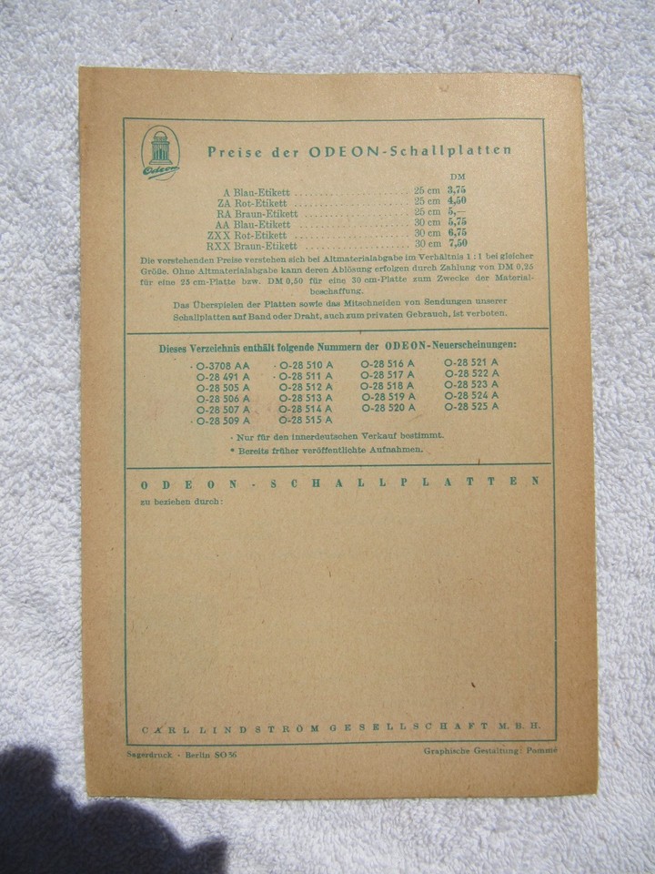 March 1950 German ODEON New Issues Supplement Walter Dobschinski Record ...