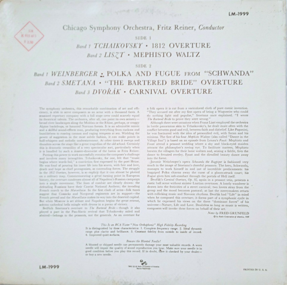 RCA LM 1999 TCHAIKOVSKY 1812 OVERTURE LISZT MEPHISTO DVORAK *CSO REINER ...