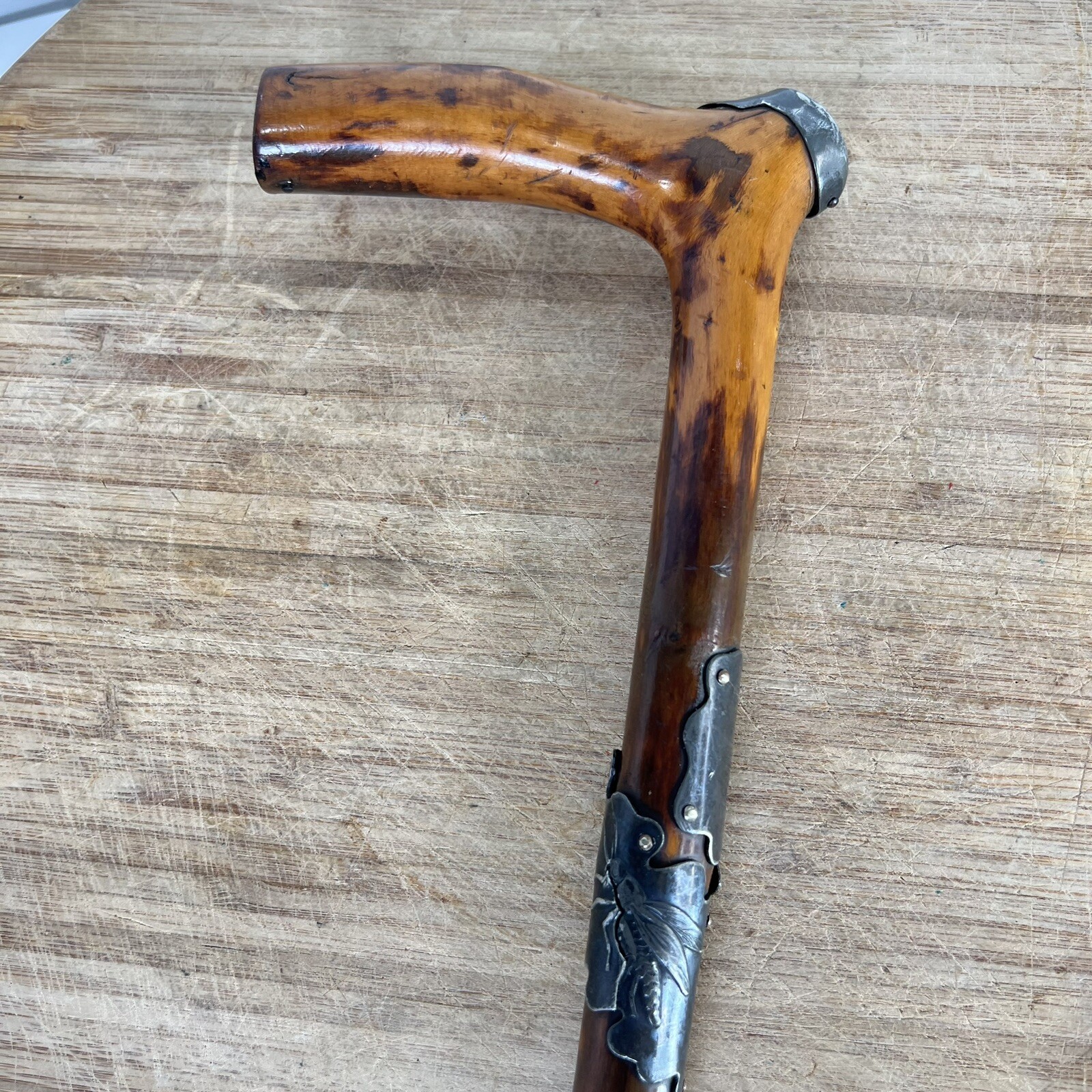 antique vintage knobby wood engraved plate w bug 33" swagger walking ...