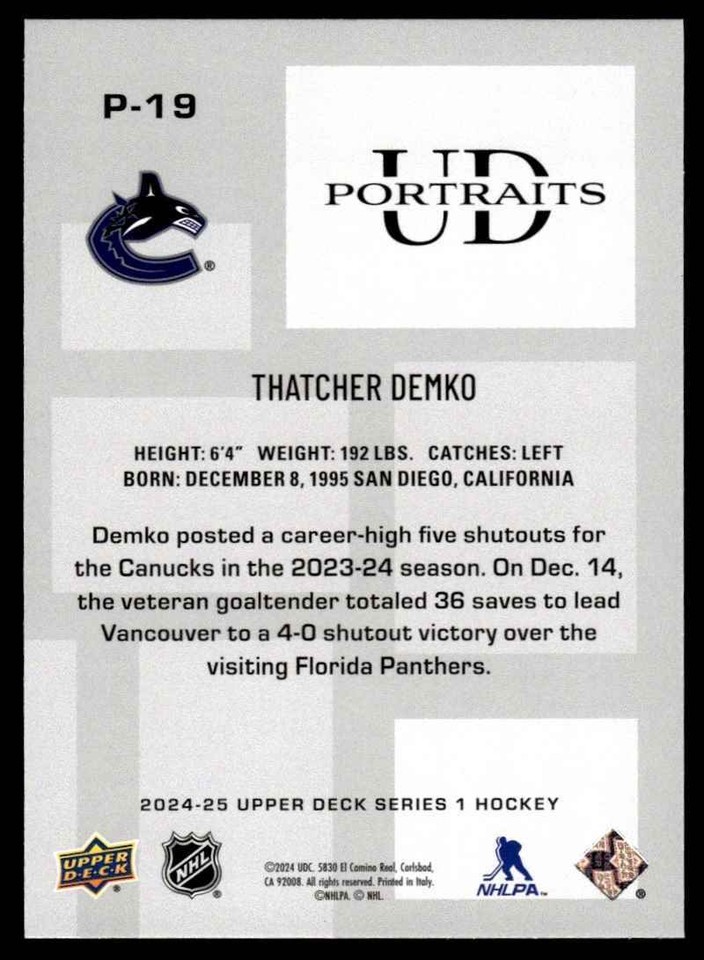 2024-25 Upper Deck UD Portraits Thatcher Demko #P-19 | eBay