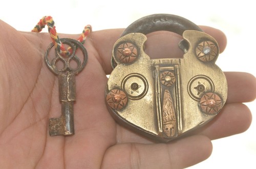 Vintage Brass Copper Fitted Engraved Heart Shape Pad Lock , Nice Patina ...