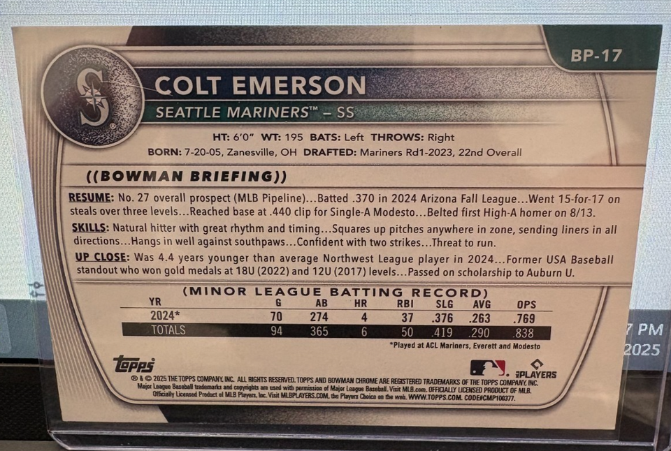 Colt Emerson 2025 Bowman Green Parallel #BP-17 Seattle Mariners 90/99 ...