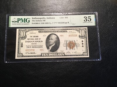 $10 National Bank Note Indianapolis Indiana 1929 PMG 35 choice very ...
