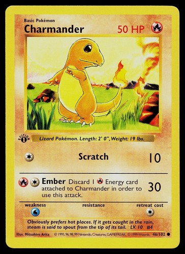 Pokemon Card - Charmander Base Set Shadowless 46/102 1st Edition Common ...