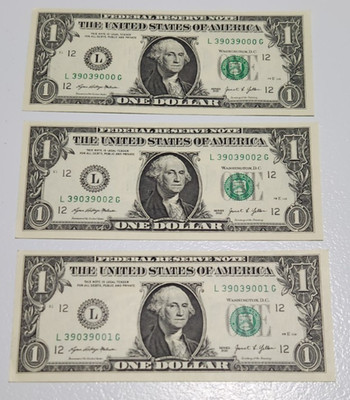 FANCY NOTE UNC 3 SEQU QUAD/TRINARY/PAIRS $1.00 2021 US BILL | eBay