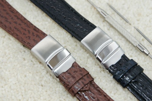 BROWN BLACK Leather Watch Strap with 3 Fold Safety Clasp 16-18-20mm ...