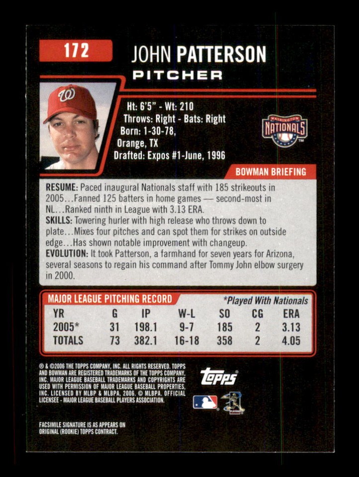 2006 Baseball Bowman John Patterson Washington Nationals #172 1 | eBay