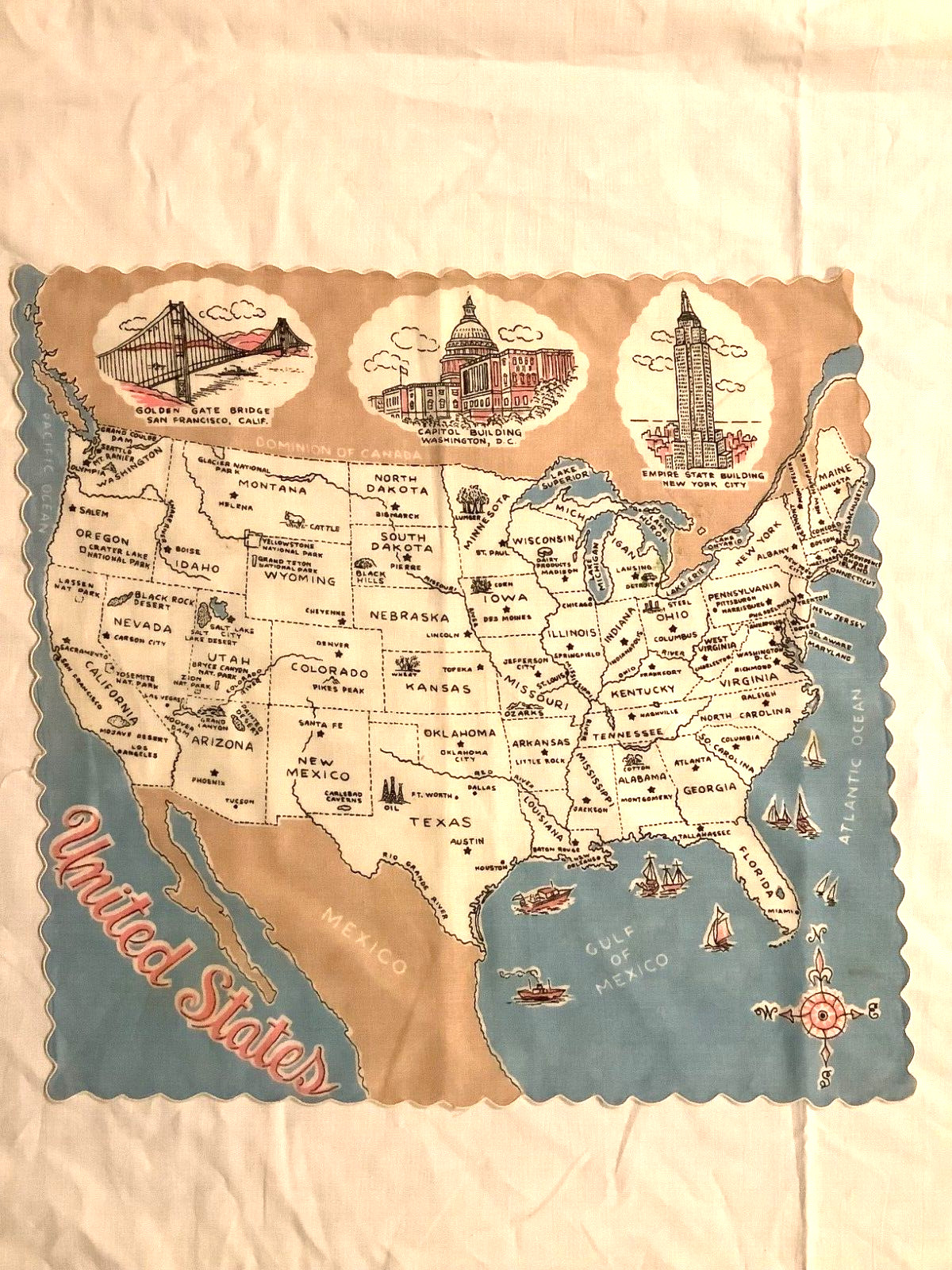 United States Map Handkerchief Franshaw - 1950s Map o… - Gem