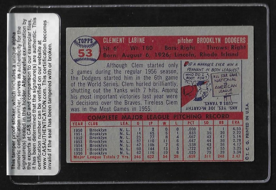 1957 Topps #53 CLEM LABINE Signed AUTO Brooklyn Dodgers CAS Authentic ...