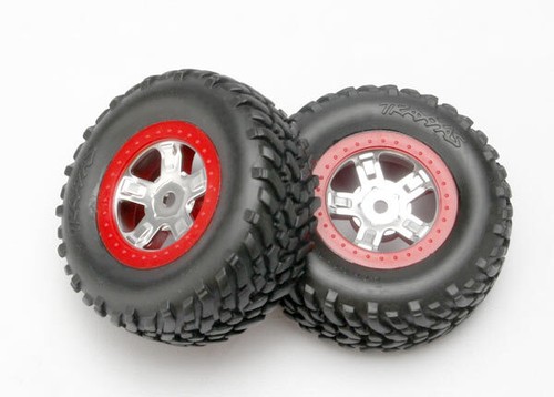 NEW Traxxas 7073A SCT Tires w/Red Beadlock Chrome Wheels 1/16 Slash ...