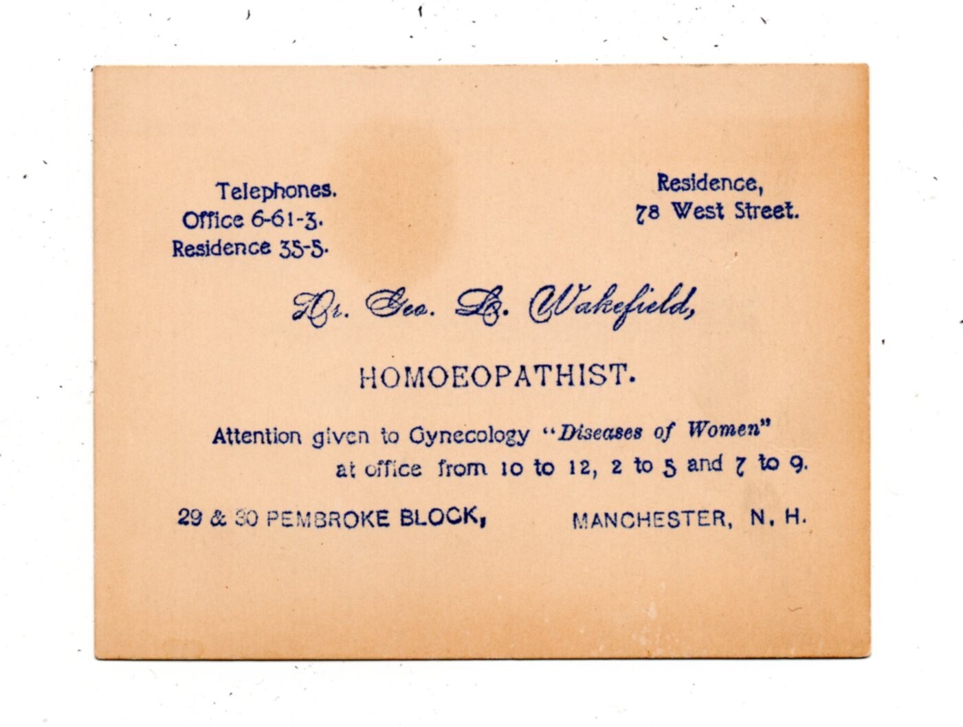 ADV BUSINESS CARD ~ DR. WAKEFIELD, HOMOEOPATHIC GYNECOLOGIST ...